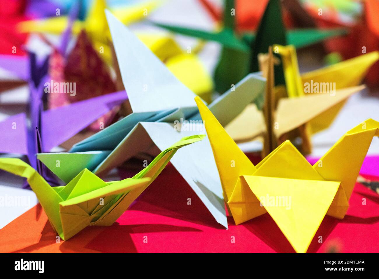 Paper cranes from multi-colored paper. Japanese origami from colored ...