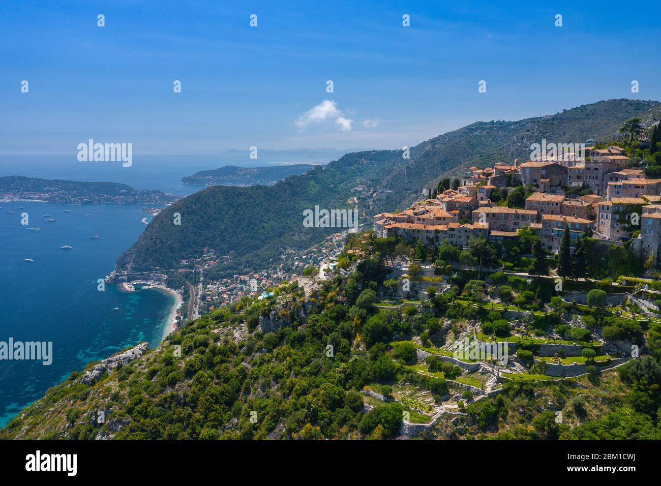 Aerial view of medieval village of Eze, on the Mediterranean coastline ...