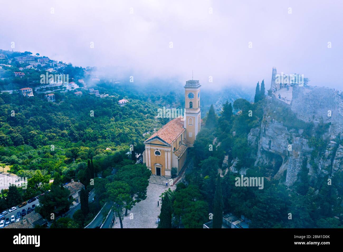 Aerial view of medieval village of Eze, on the Mediterranean coastline ...