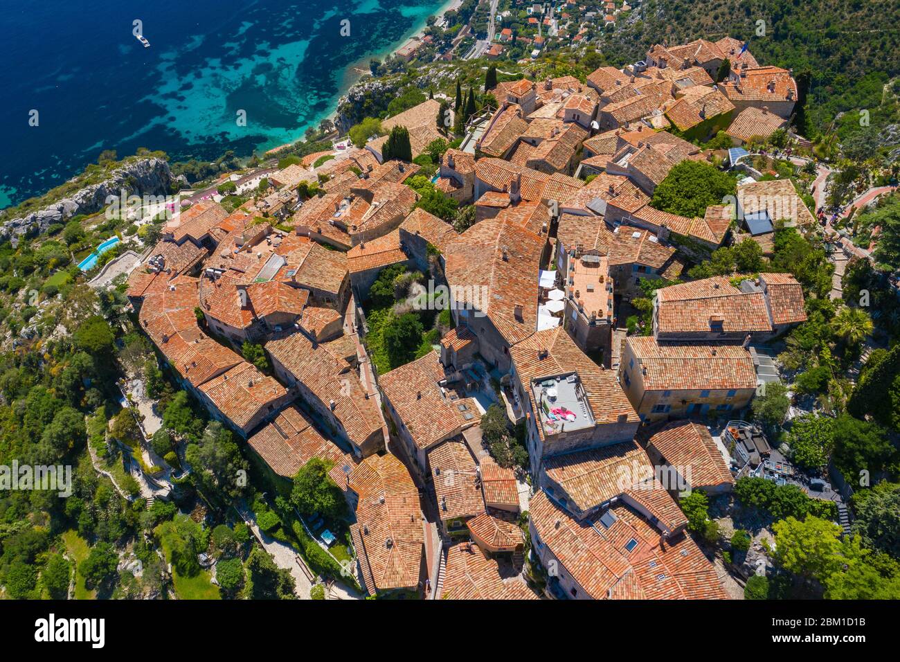 Aerial view of medieval village of Eze, on the Mediterranean coastline ...
