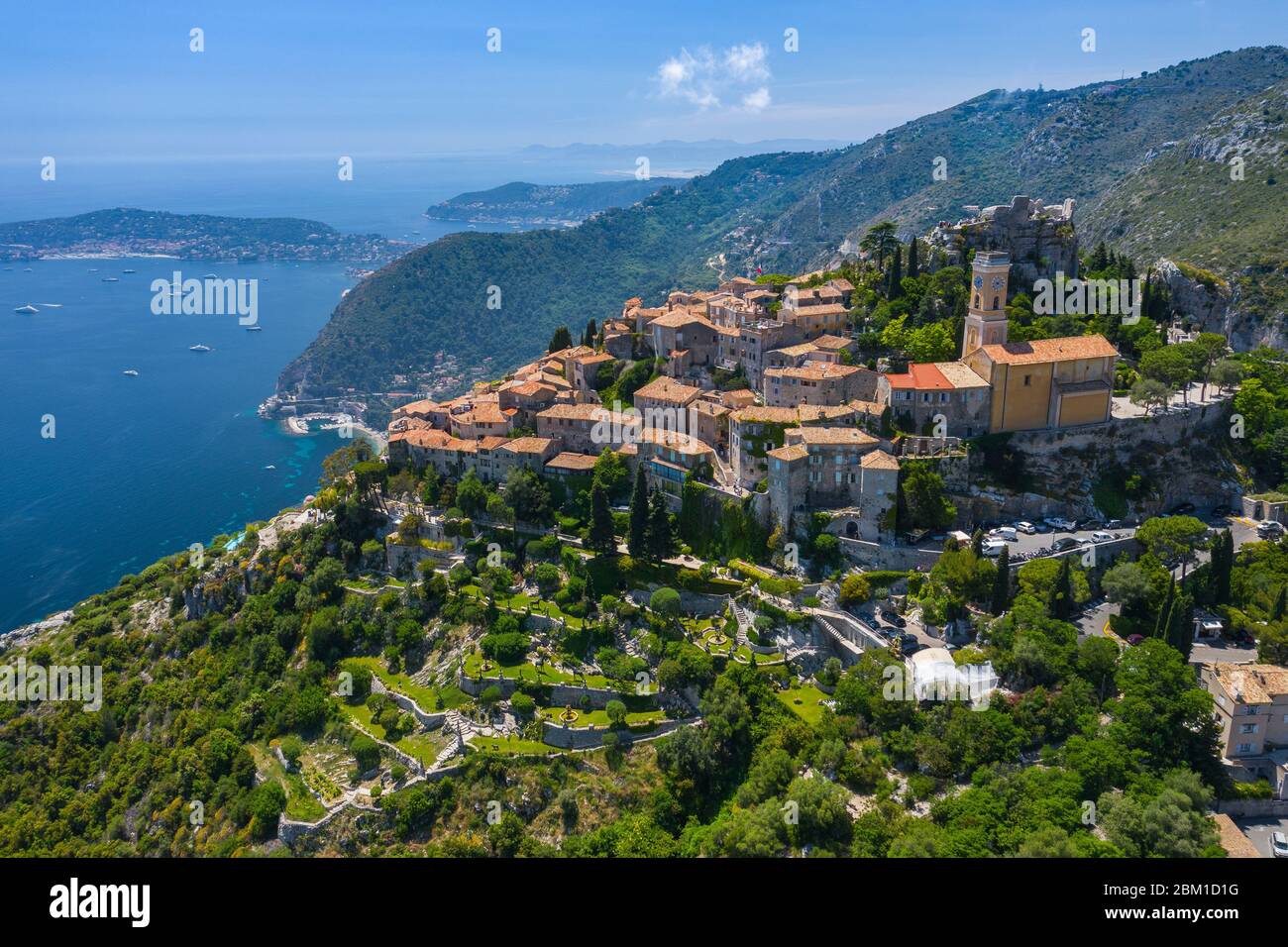 Aerial view of medieval village of Eze, on the Mediterranean coastline ...