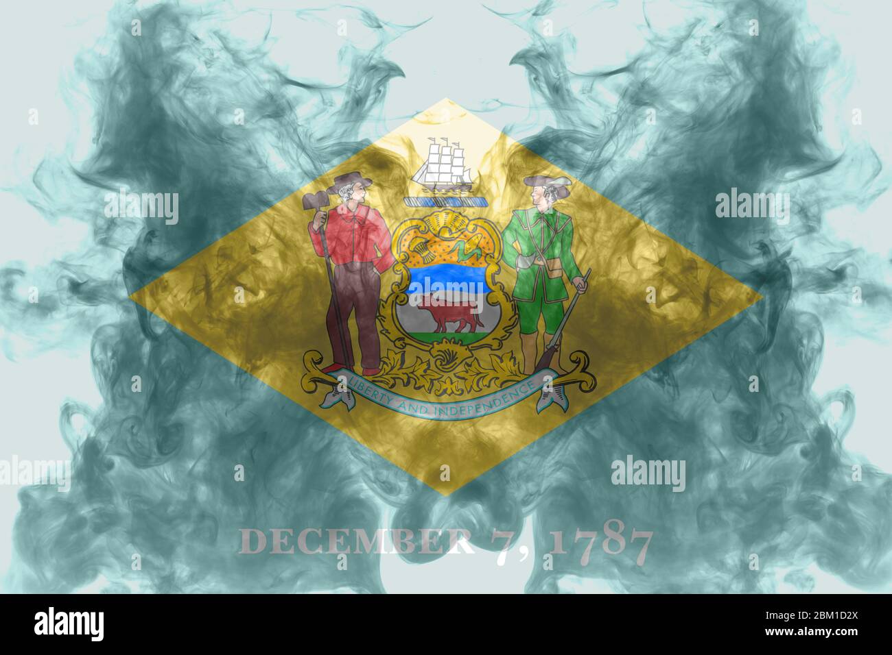 The national flag of the US state Delaware in against a gray smoke on ...