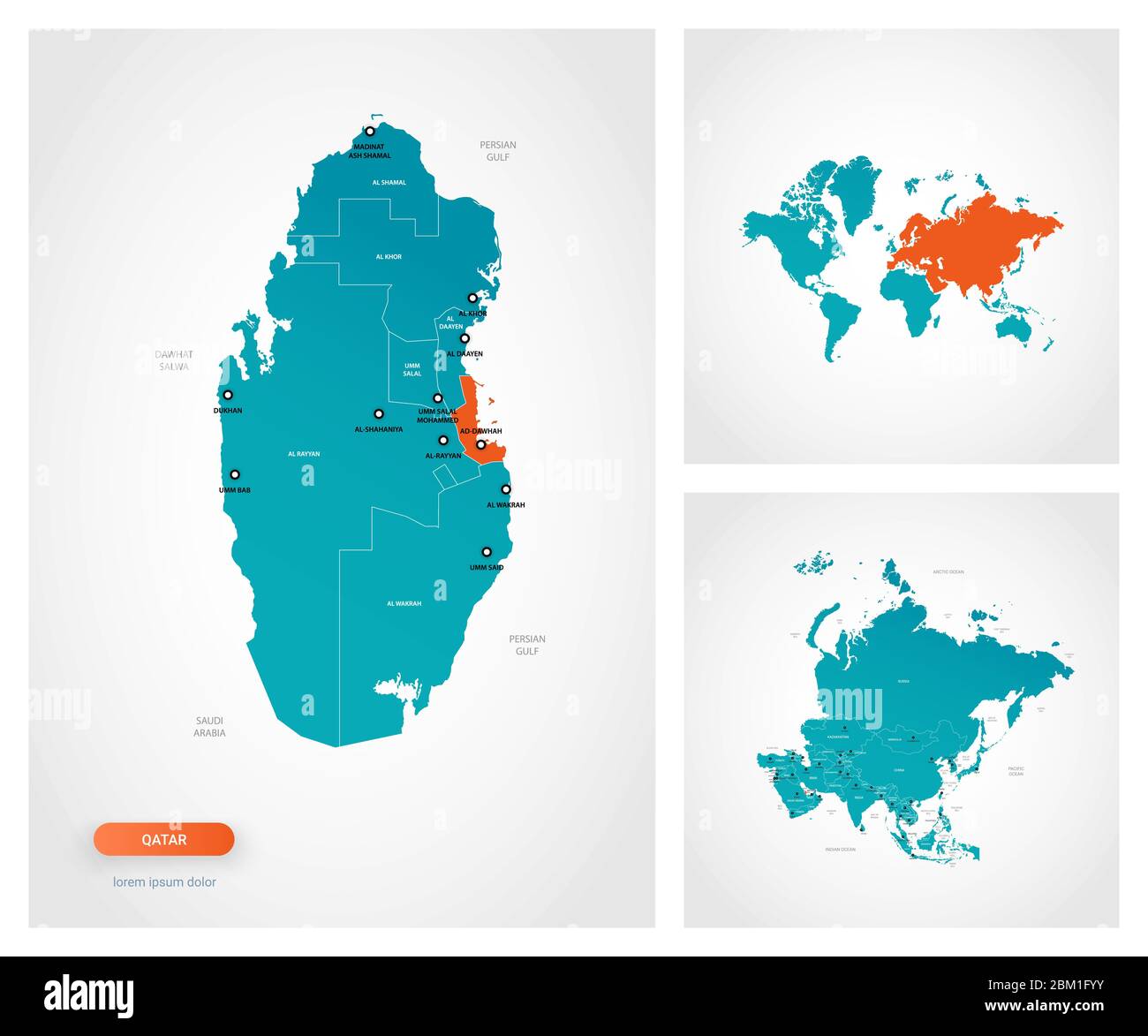 Editable template of map of Qatar with marks. Qatar on world map and on ...