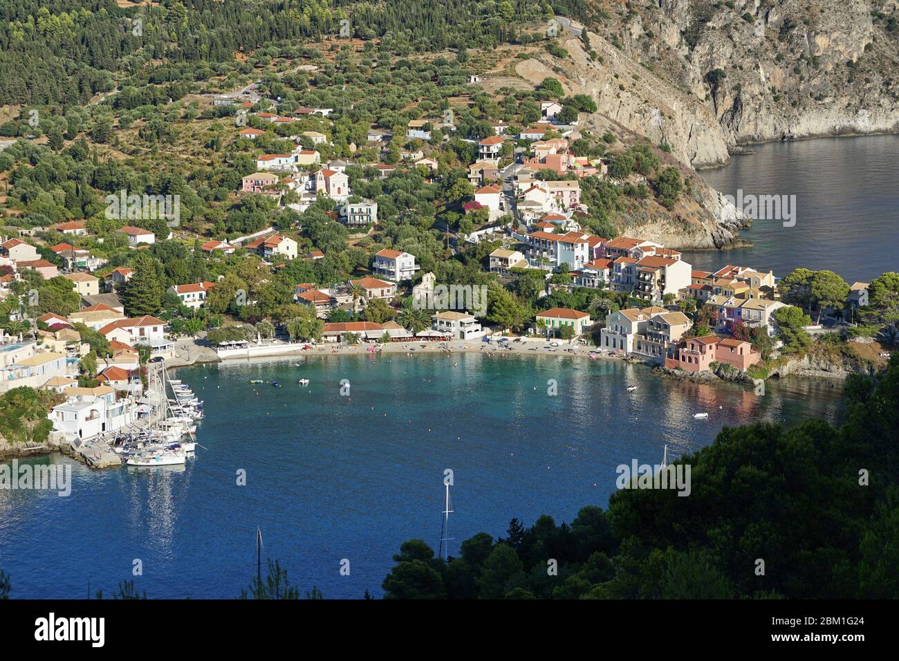 Asos village panorama and blue sea on a sunny day, Kefalonia ...