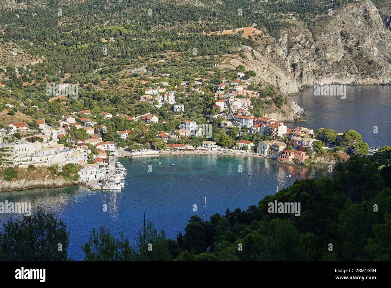 Asos village panorama and blue sea on a sunny day, Kefalonia ...