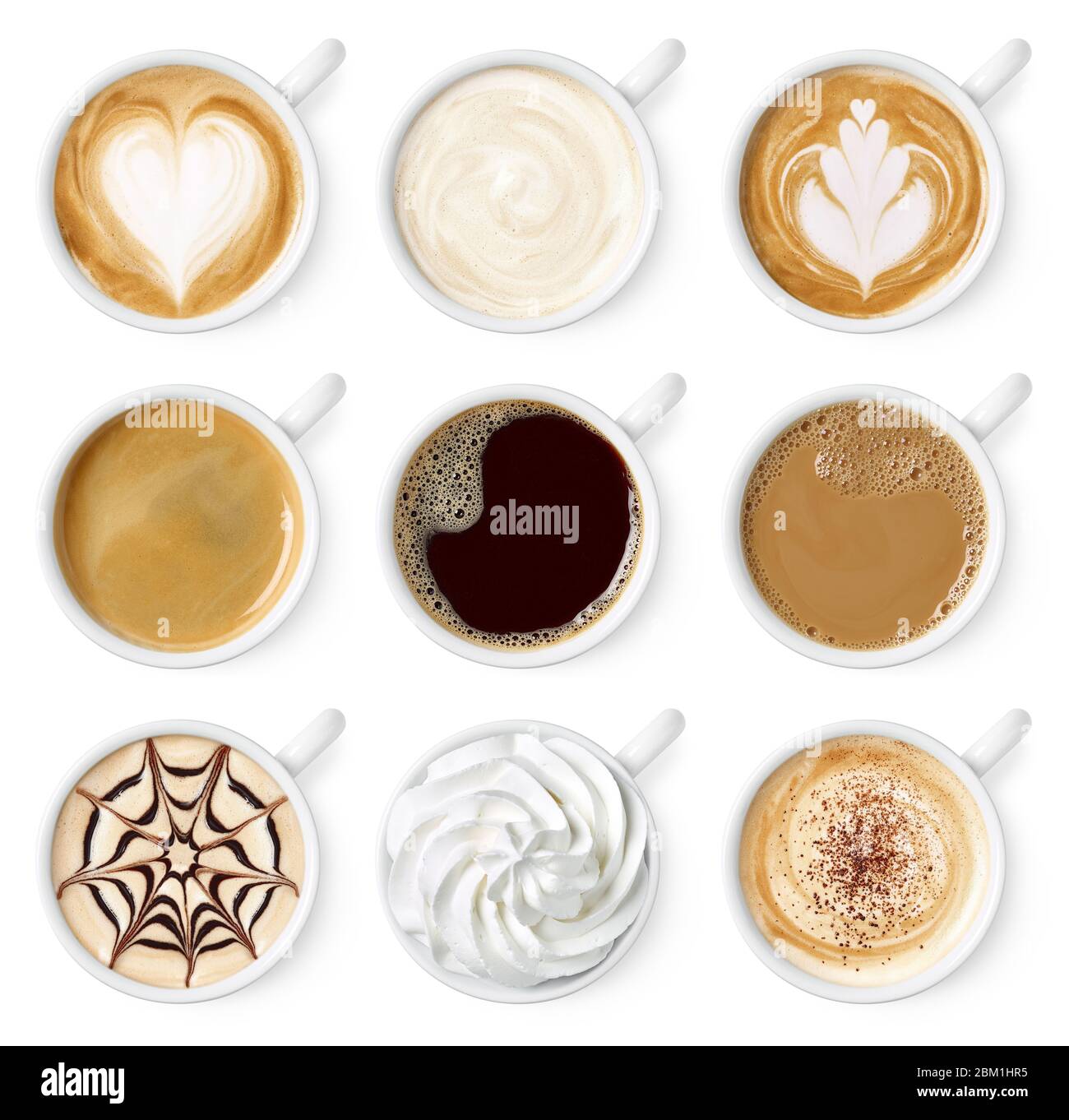 Set of different coffee types isolated on white background, top view ...