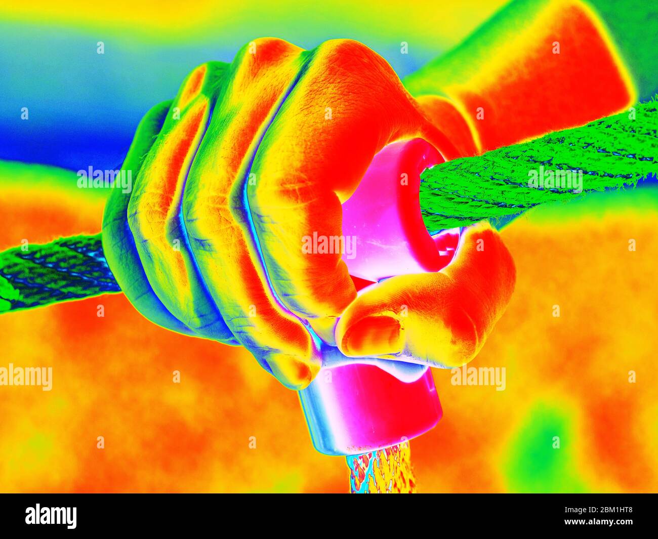 Thermographic palm scan. Hand of a person hold rope with different ...