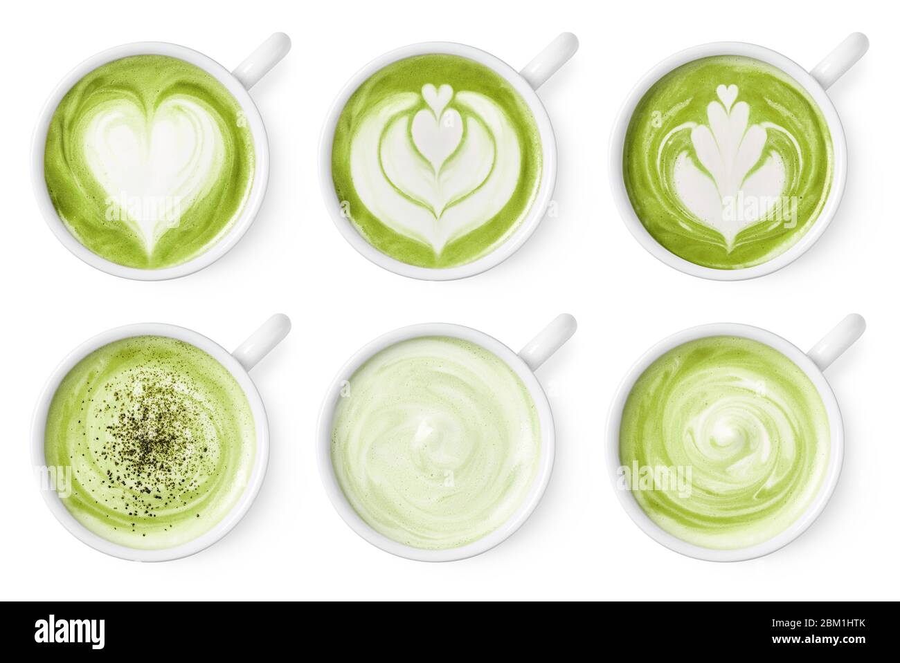 Set of green tea matcha latte foam art isolated on white background ...
