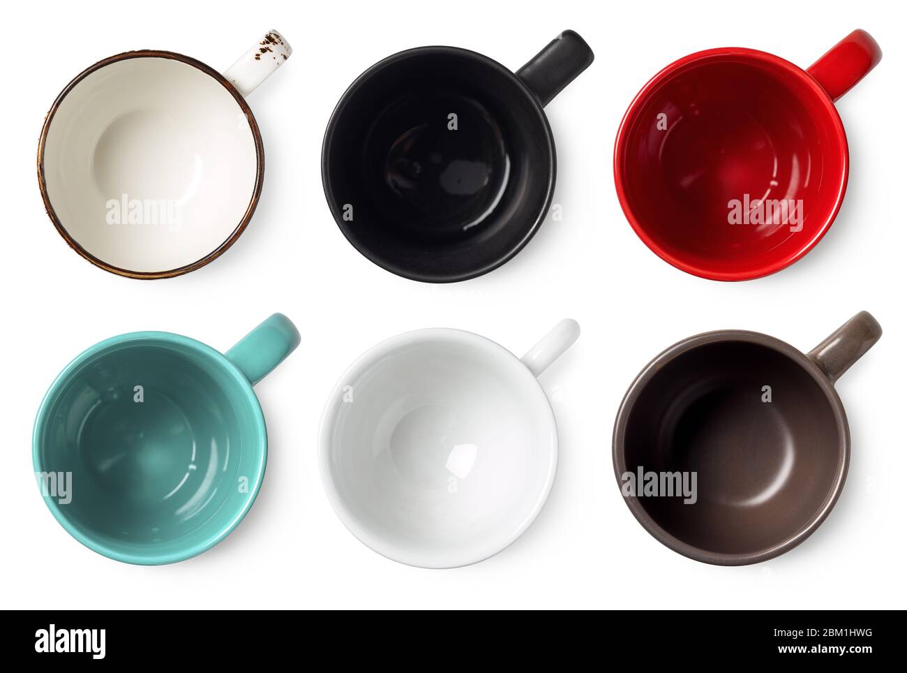 Set of various colorful empty cups isolated on white background, top ...