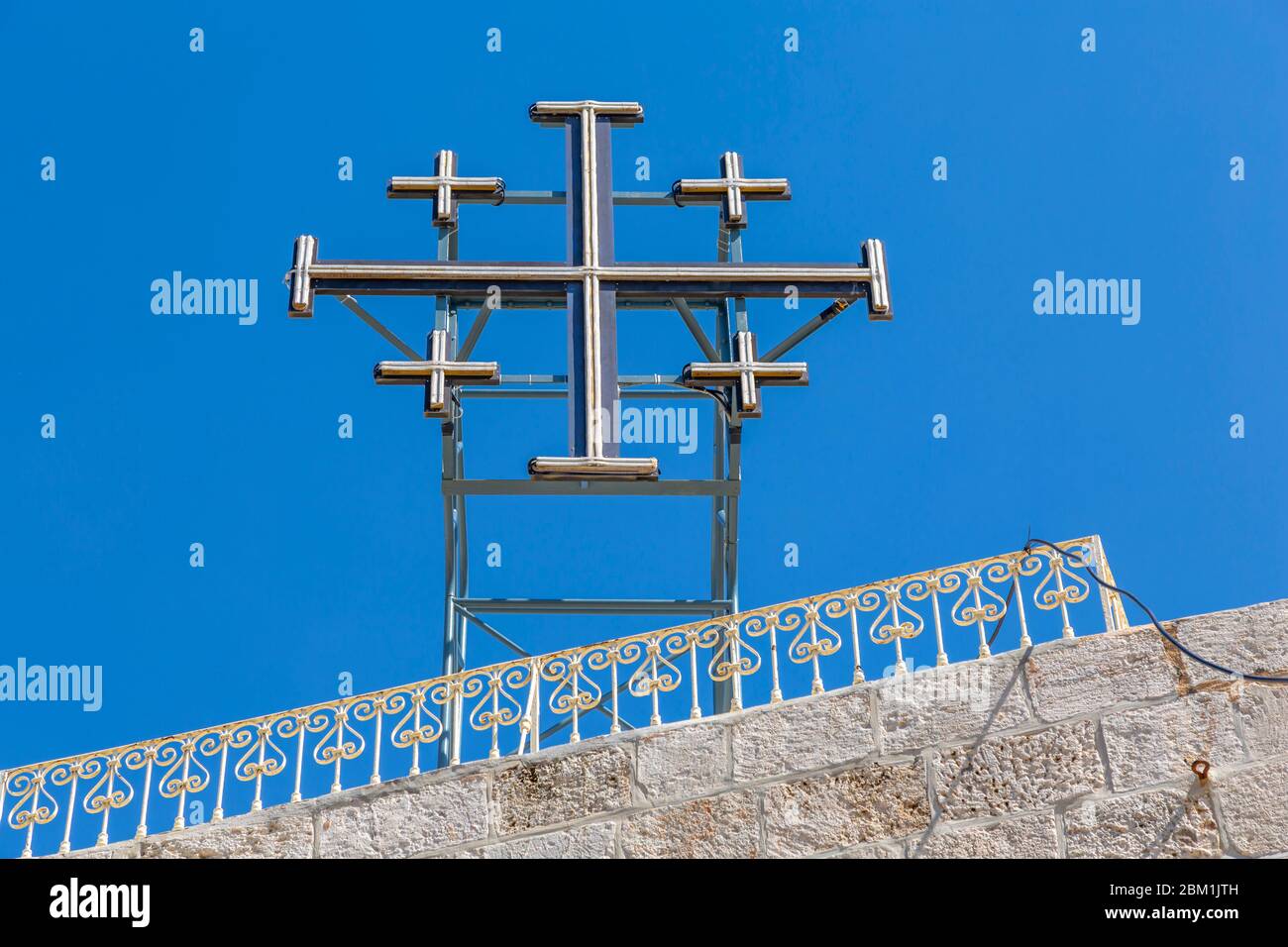 View of five cross on exterior of Church of Nativity in Manger Square ...