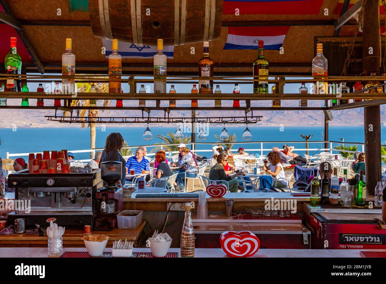 View of relaxation area and Dead Sea at Kalia Beach, Israel, Middle ...