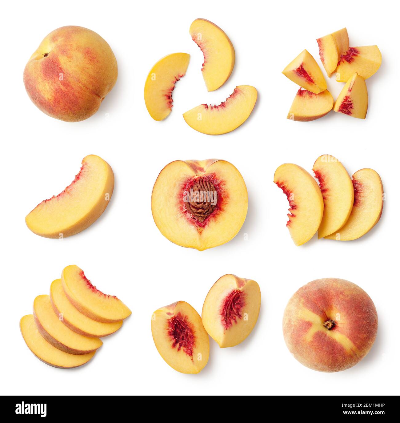 Set of fresh whole and sliced peach fruit isolated on white background ...