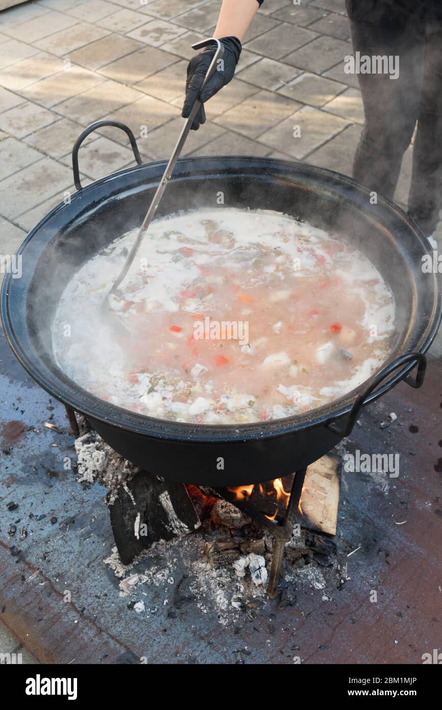 Cooking pot over campfire, stew preparing open grill steaming. Outdoor ...