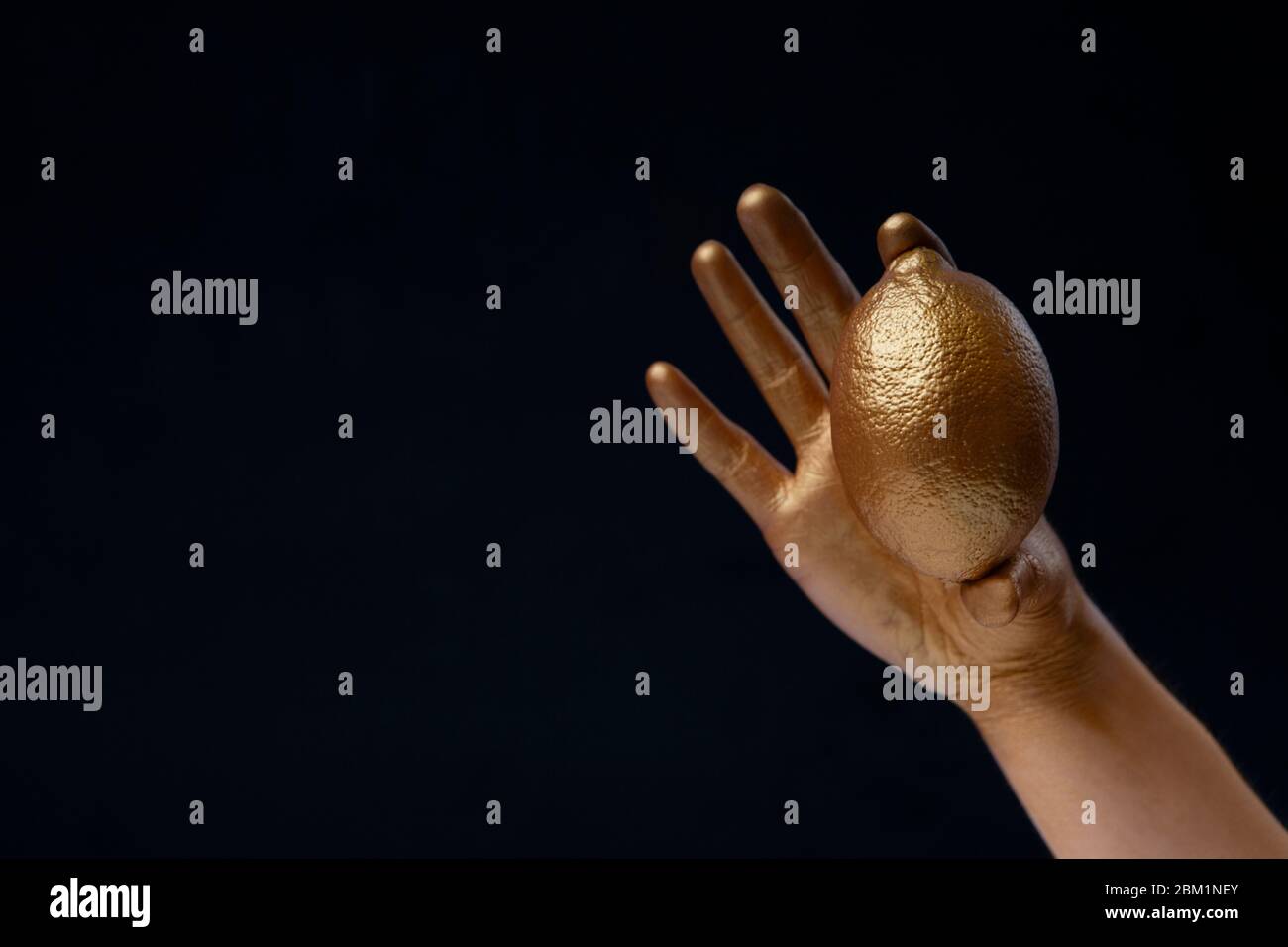 Hand holds lemon. Gold paint on black background Stock Photo - Alamy