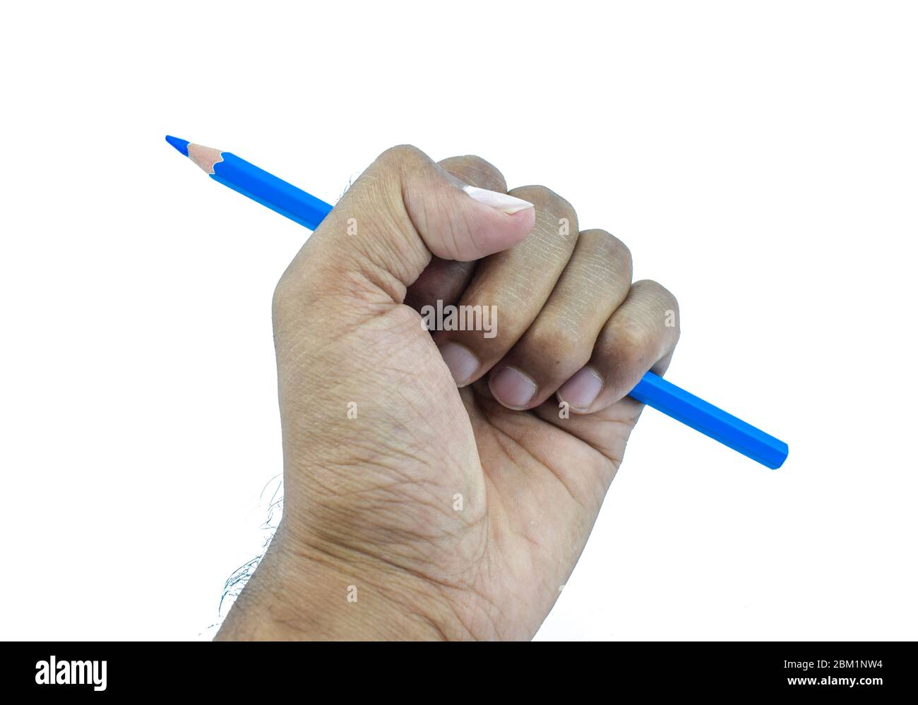 Person holding holding a light blue colored wood pencil crayon in his ...
