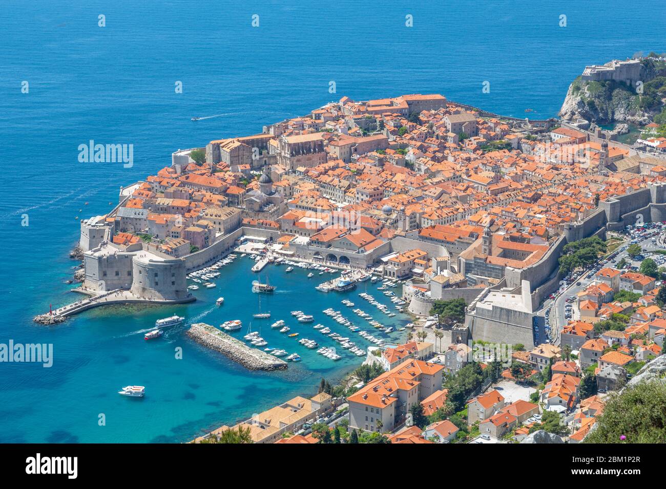 View of Old Walled City of Dubrovnik and Adriatic Sea from elevated ...
