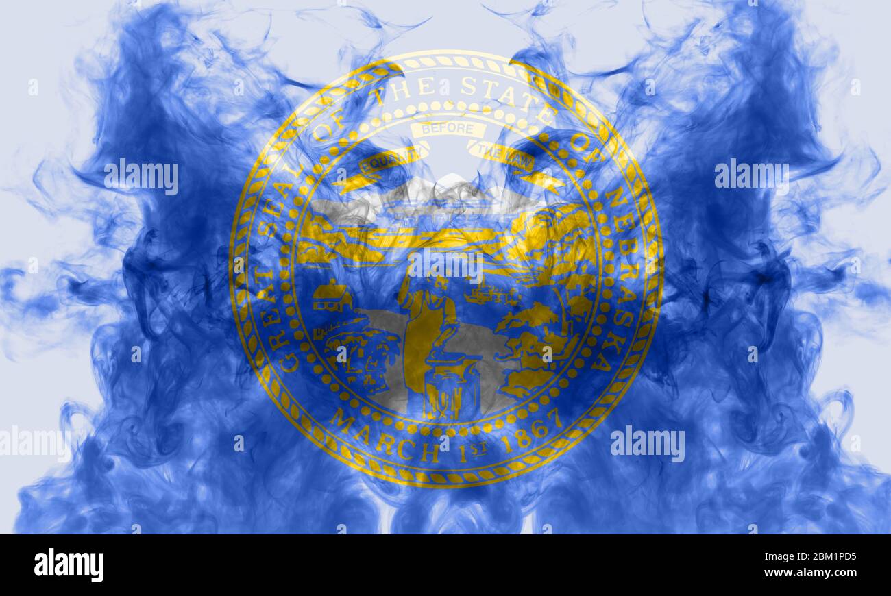 The national flag of the US state Nebraska in against a gray smoke on ...