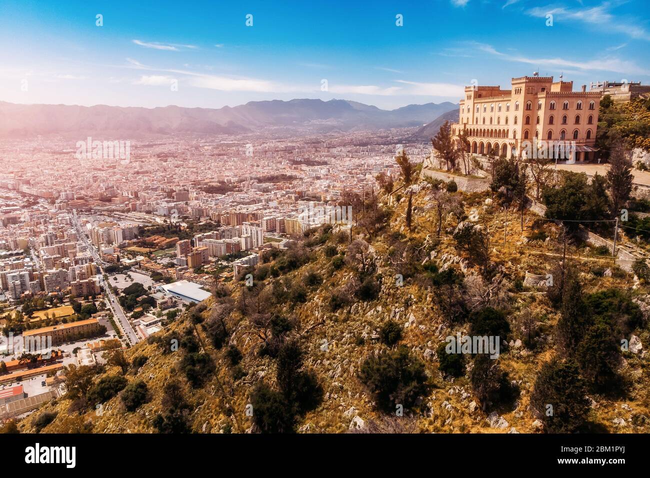 Panoramic view of city Palermo, Sicily, Italy. Winding climb park ...