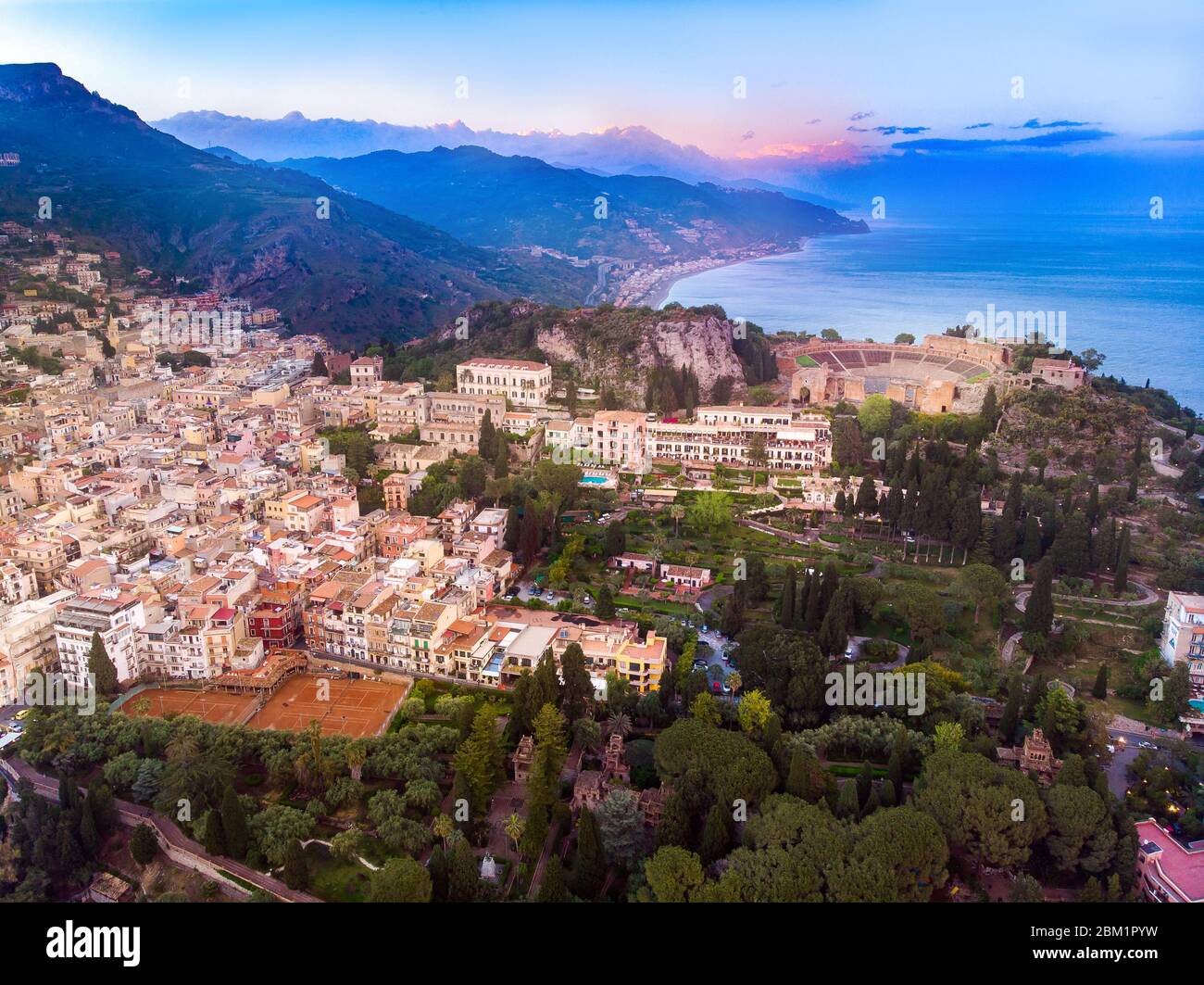 Taormina landscape and ruins of theater, Sicily Italy sunset, volcano ...