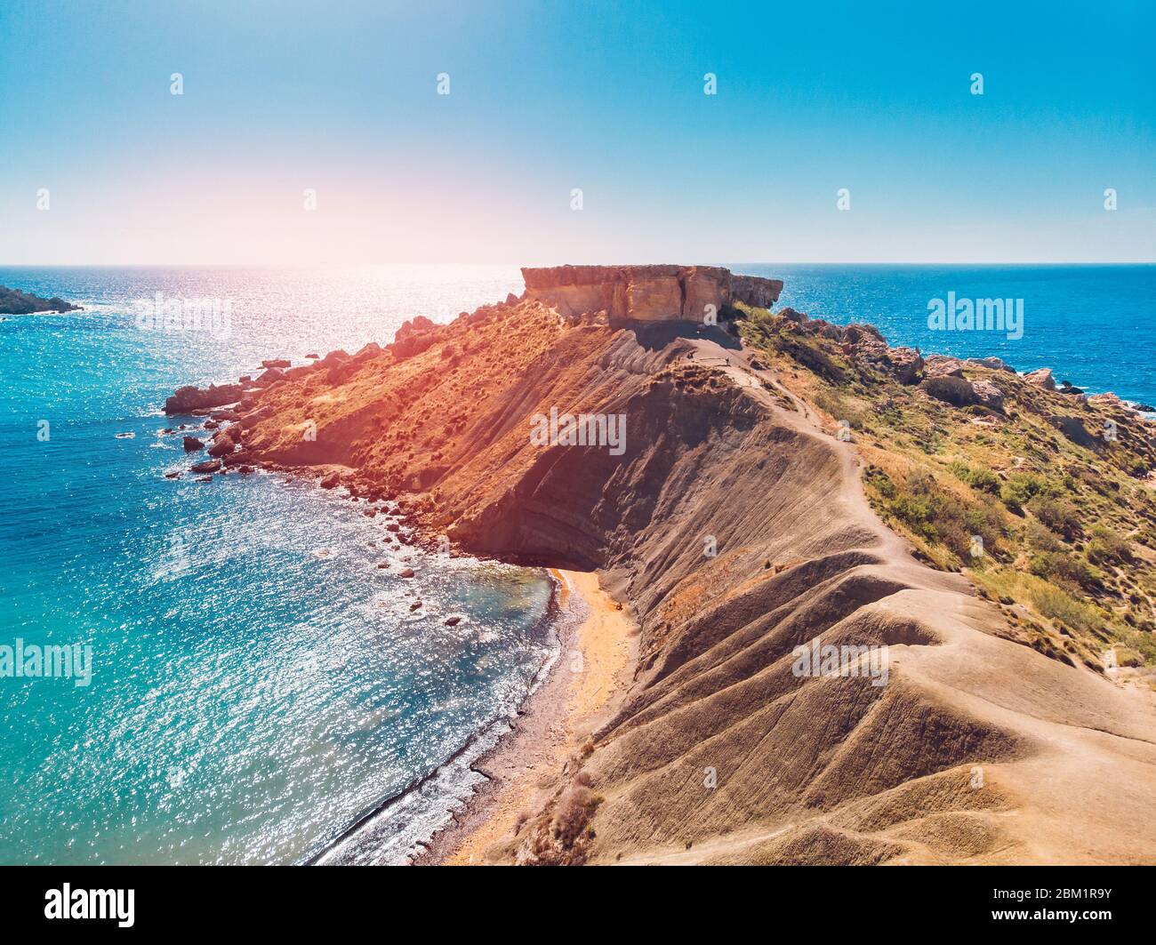 Golden Bay azure beach blue water sea, Malta. Concept travel. Aerial ...