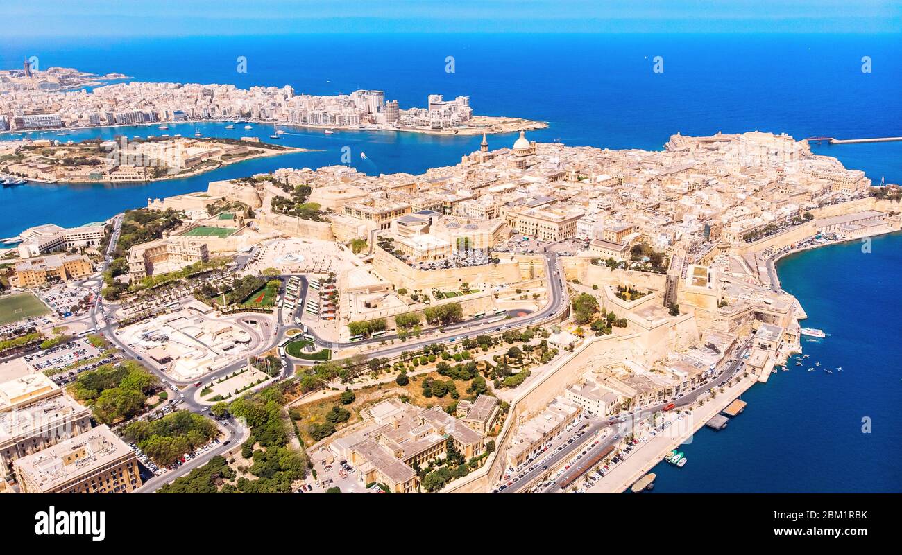 Valletta capital city of Malta. Panorama port and blue sea. Aerial top ...