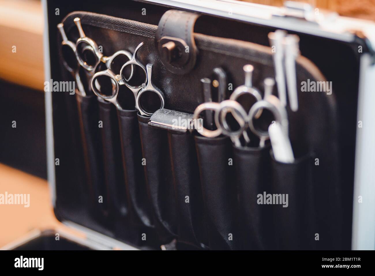 Professional barber tools in case for barbershop, work place Stock ...