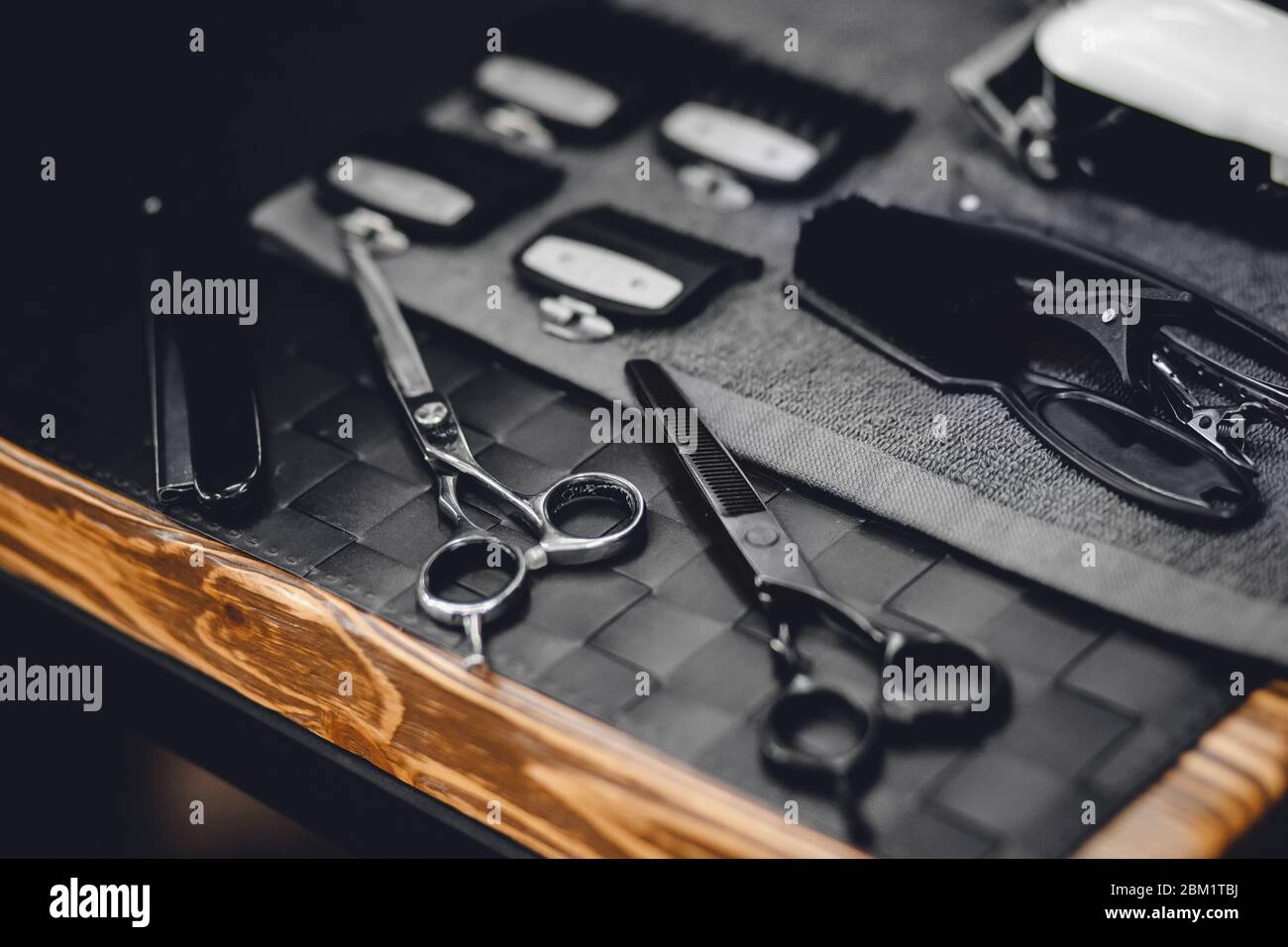 Professional barber tools in case for barbershop, work place Stock ...