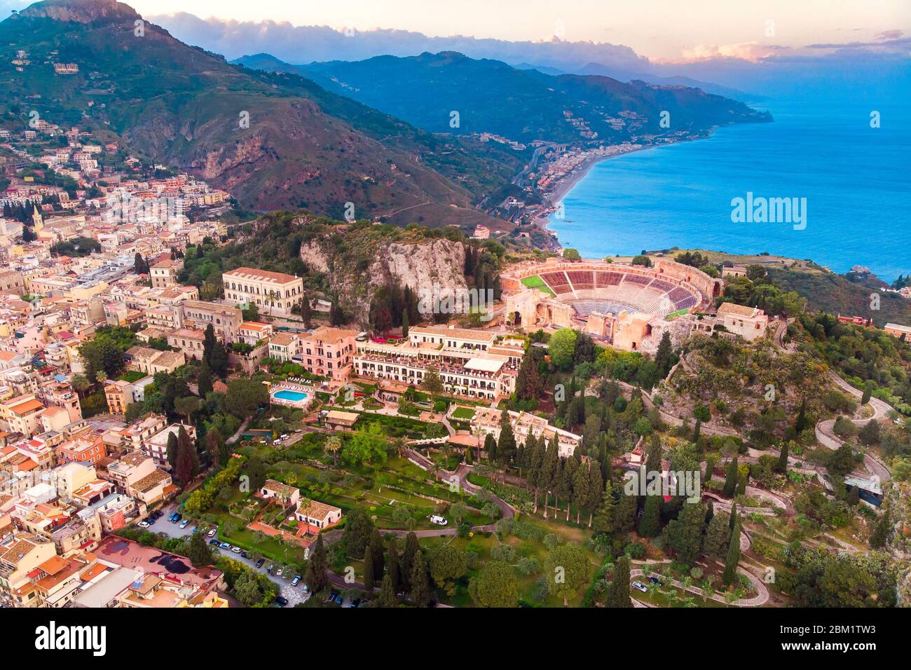 Taormina landscape and ruins of theater, Sicily Italy sunset, volcano ...