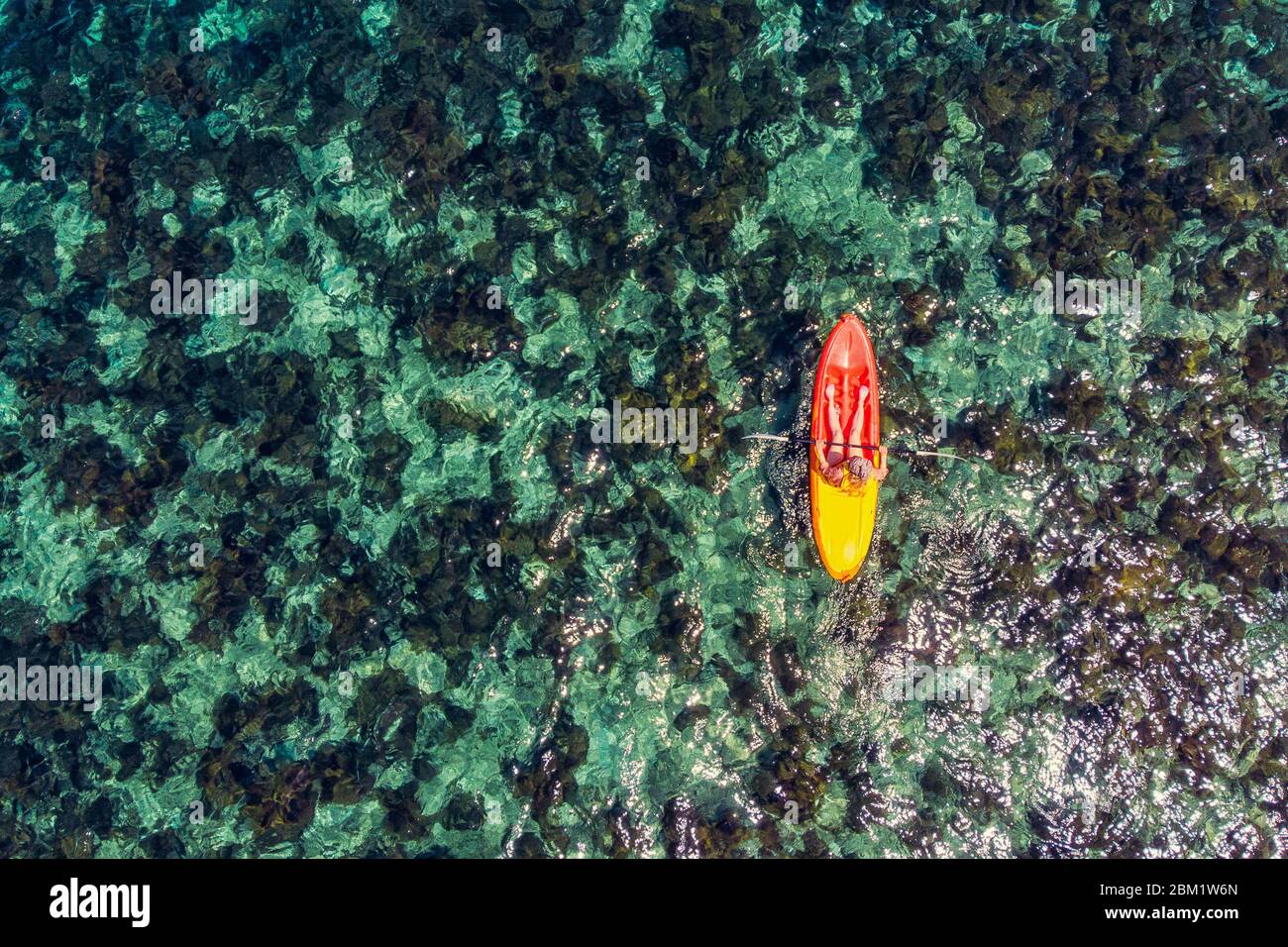 Aerial top view Kayak boat turquoise blue water sea. Concept travel ...
