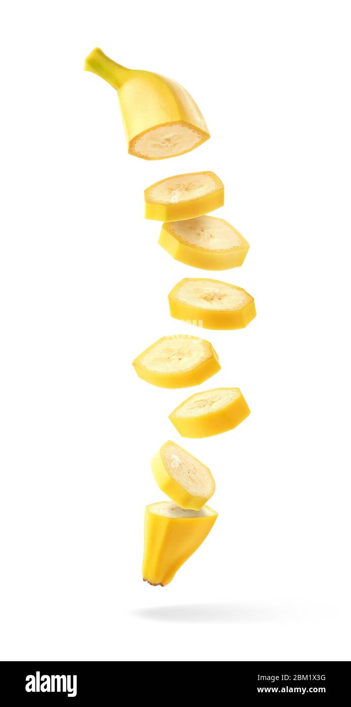 Flying fresh ripe banana slices isolated on white background Stock ...