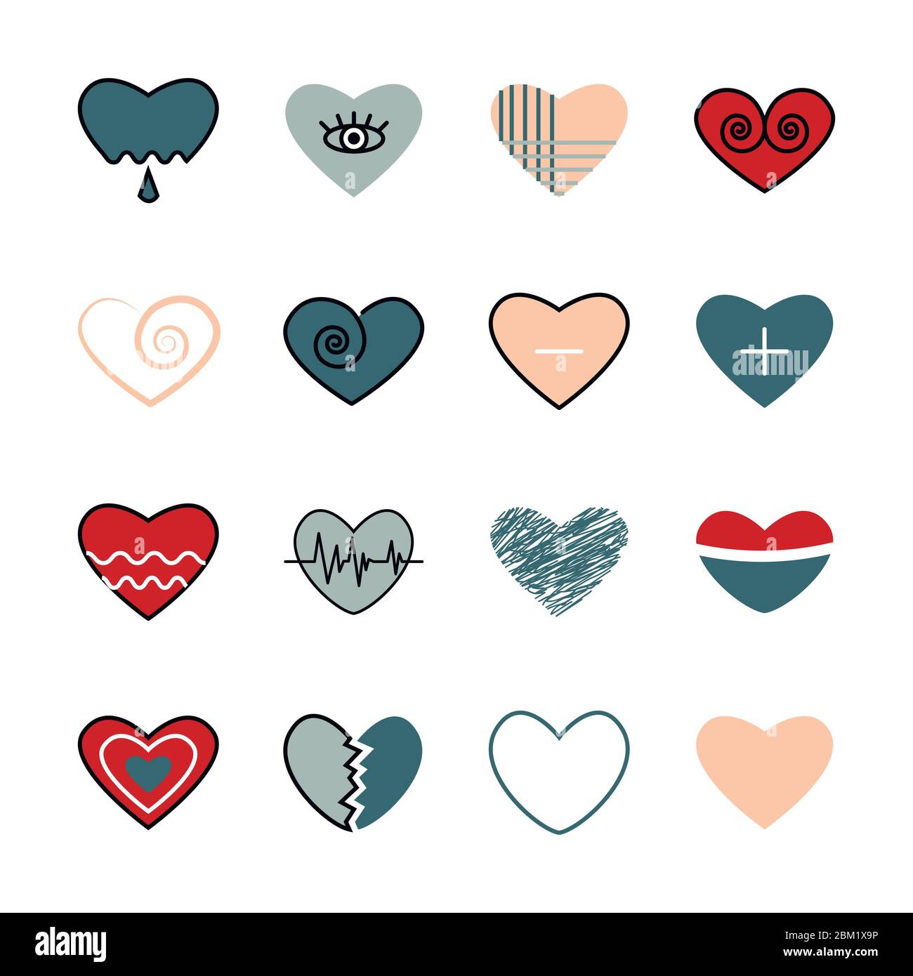 Love icon set. Heart collection in retro colors in flat style isolated ...