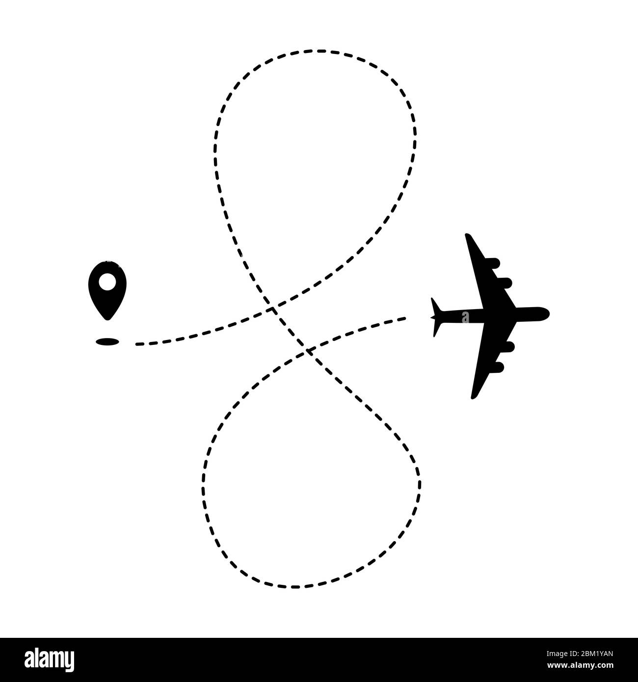 Plane path with start point and dashed route. Eight image in the sky. Black silhouette isolated ...