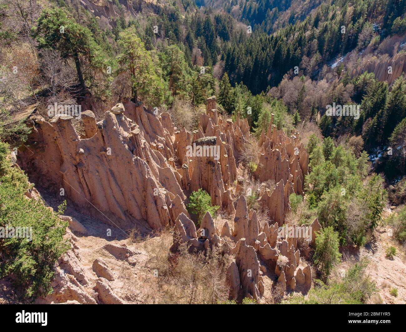 Natural earth pyramids in Renon Ritten Italy. Aerial view Stock Photo ...