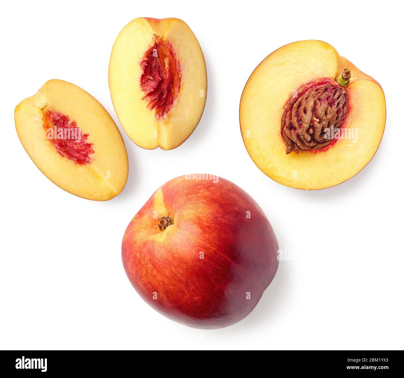 Fresh whole, half and sliced nectarine isolated on white background ...