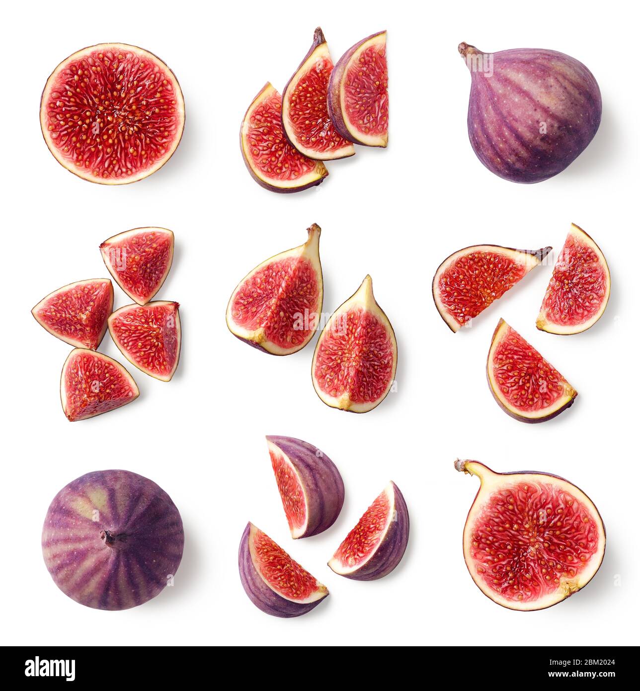Set of fresh whole and sliced figs isolated on white background, top ...