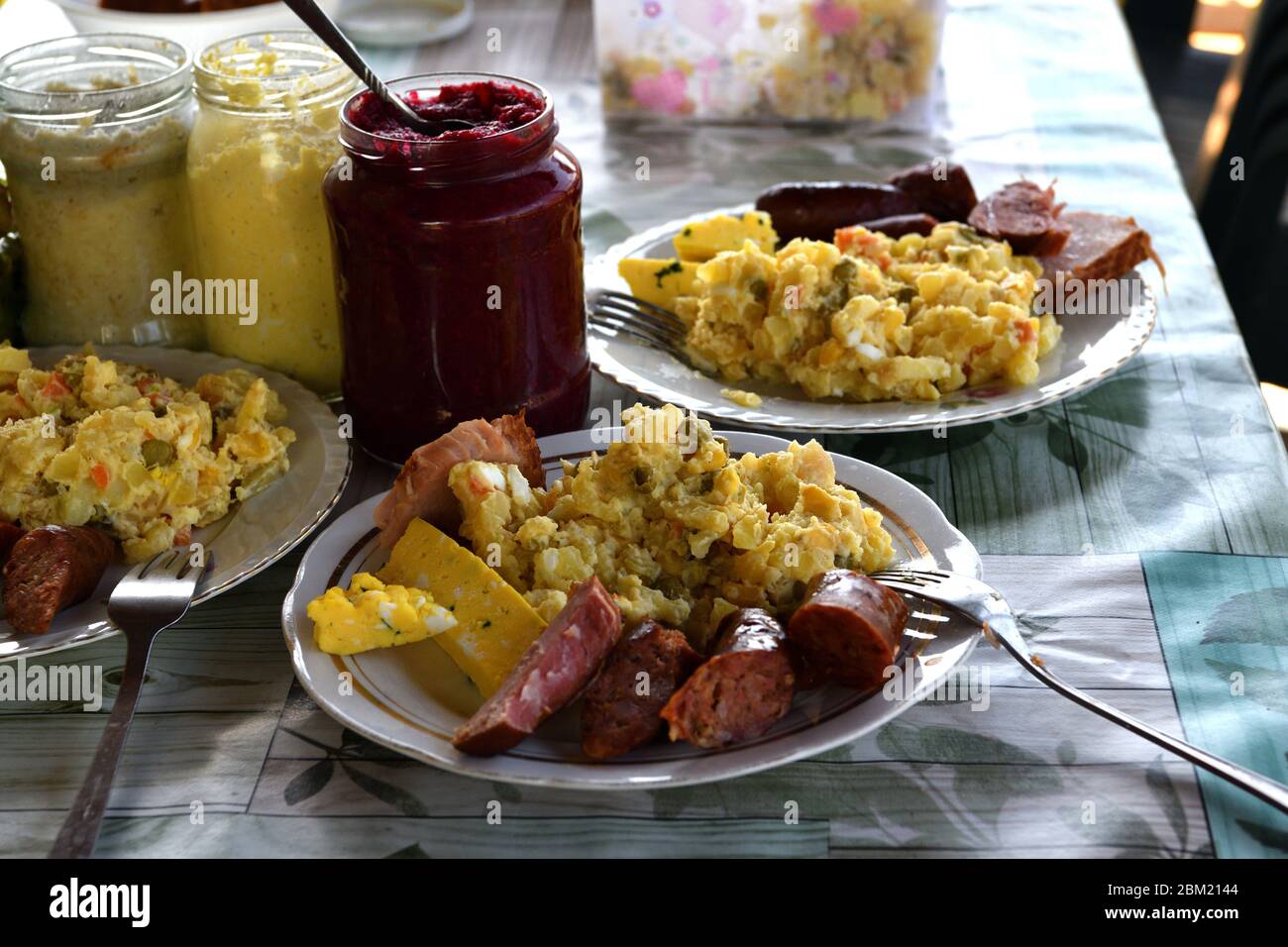 Typical Slovak Easter food, sacred cheese, ham, eggs, sausage and ...