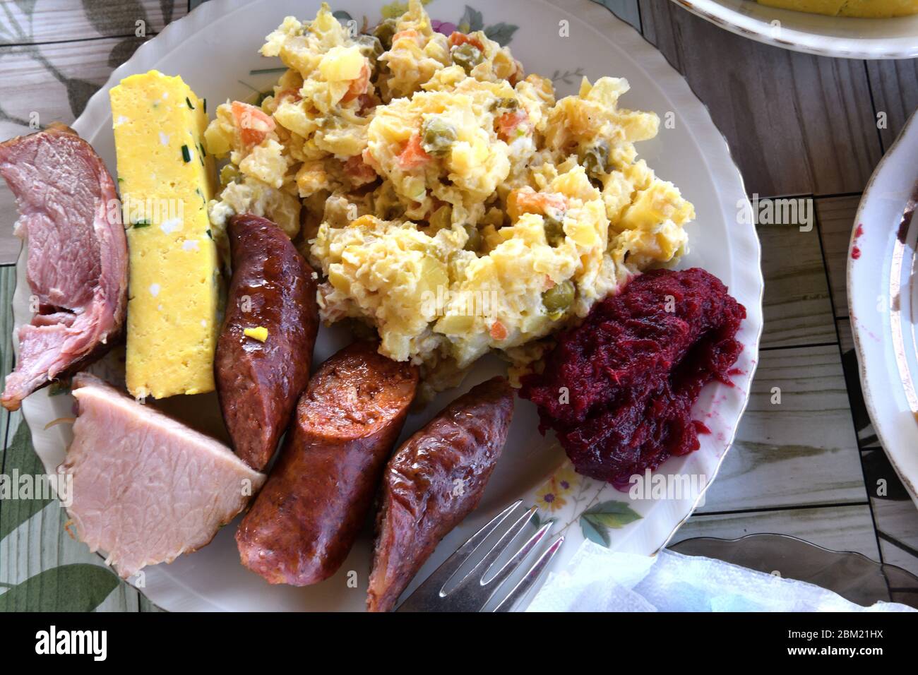 Typical Slovak Easter food, sacred cheese, ham, eggs, sausage and ...