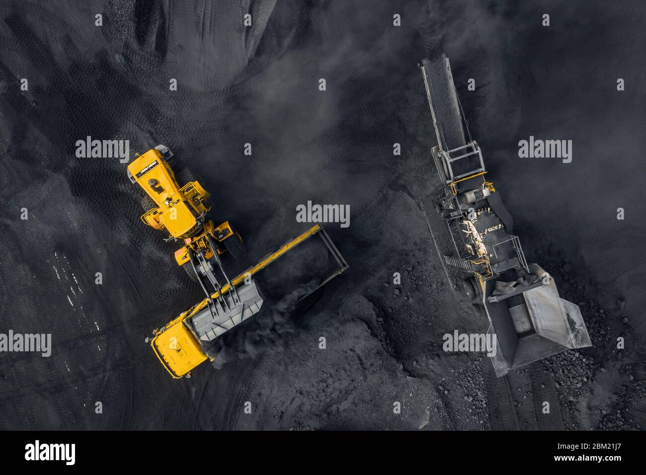 Open pit mine, coal loading in trucks, transportation and logistics ...