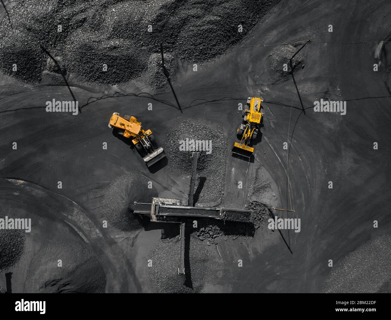 Open pit mine, coal loading in trucks, transportation and logistics ...