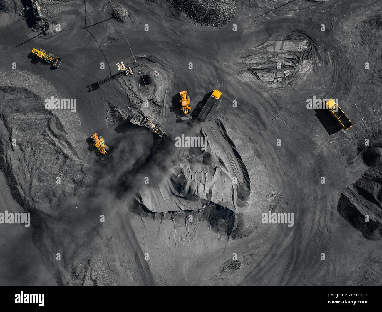 Open pit mine, coal loading in trucks, transportation and logistics ...