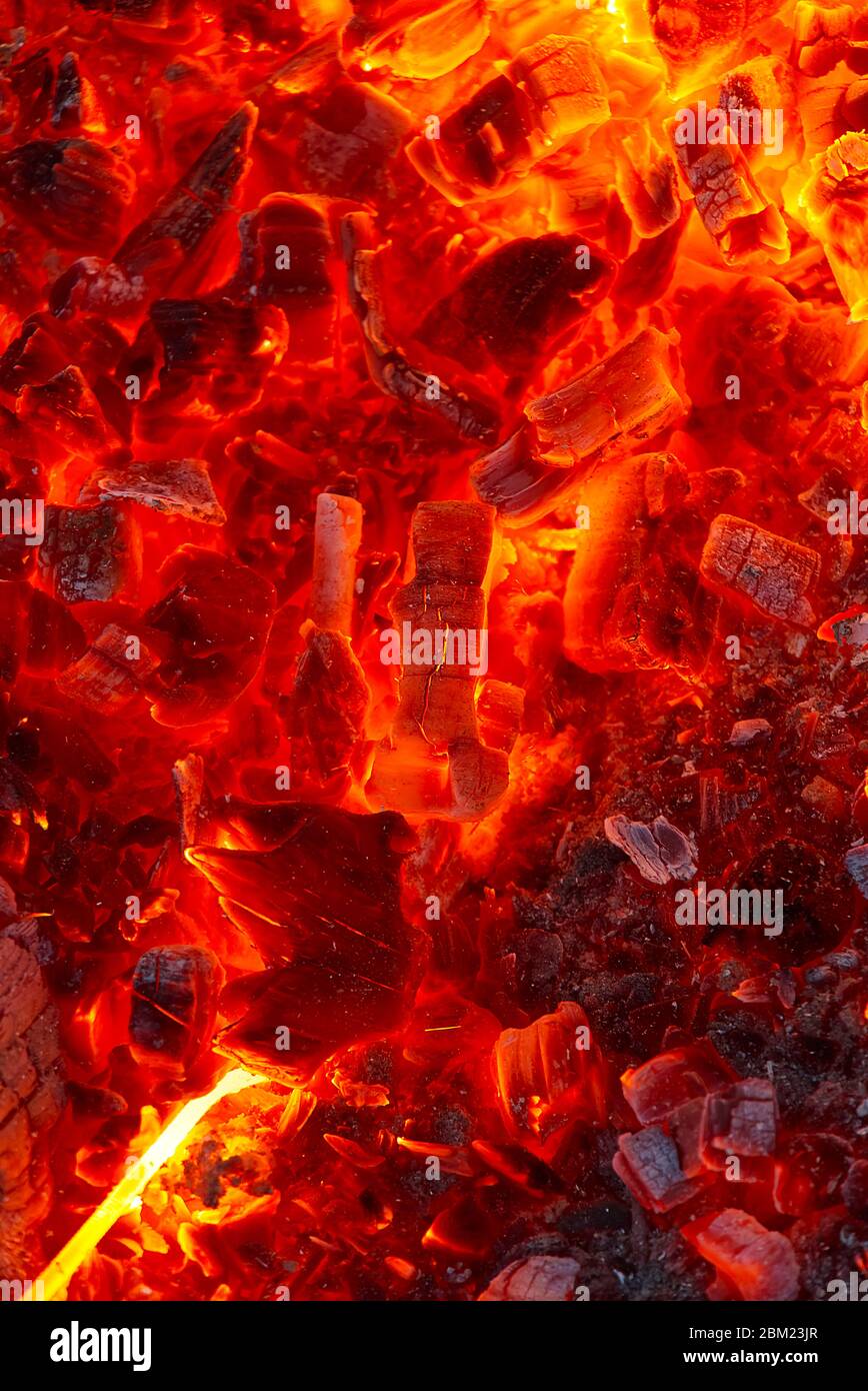 red hot coals in a blast furnace for metal melting. metal mining and ...