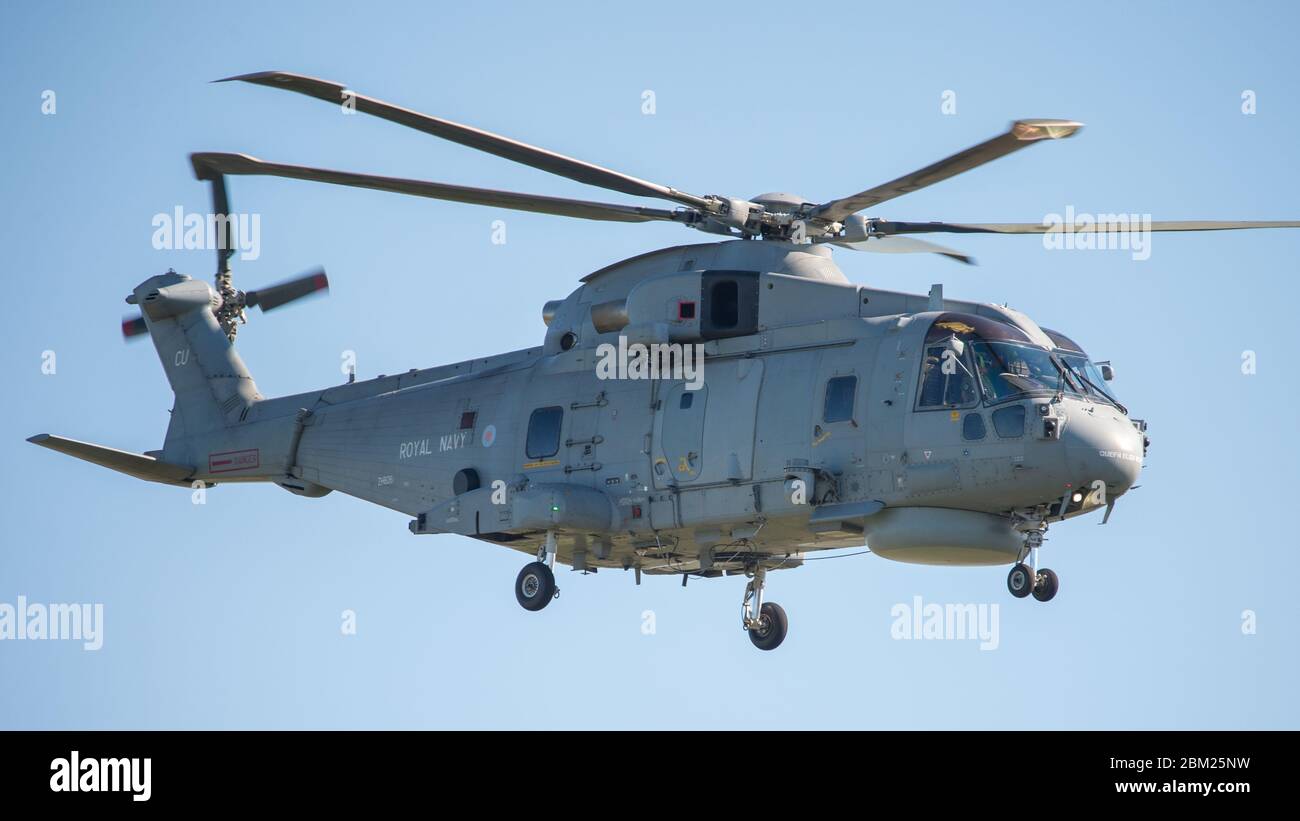 Prestwick, UK. 6th May, 2020. Pictured: A Royal Navy Merlin Mk3 ...