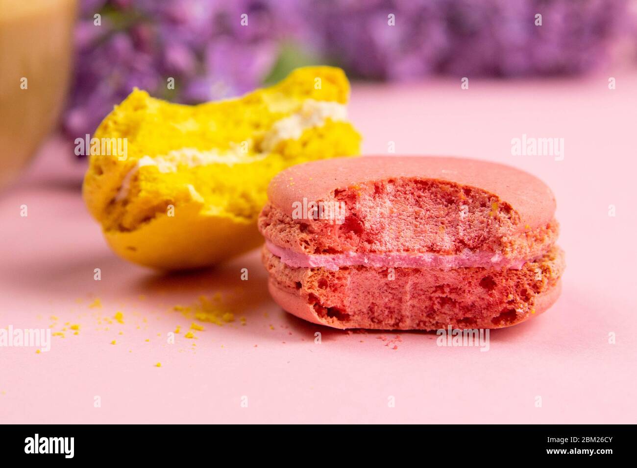 Two macaroons close-up and spring flowers, pastel background. Romantic ...