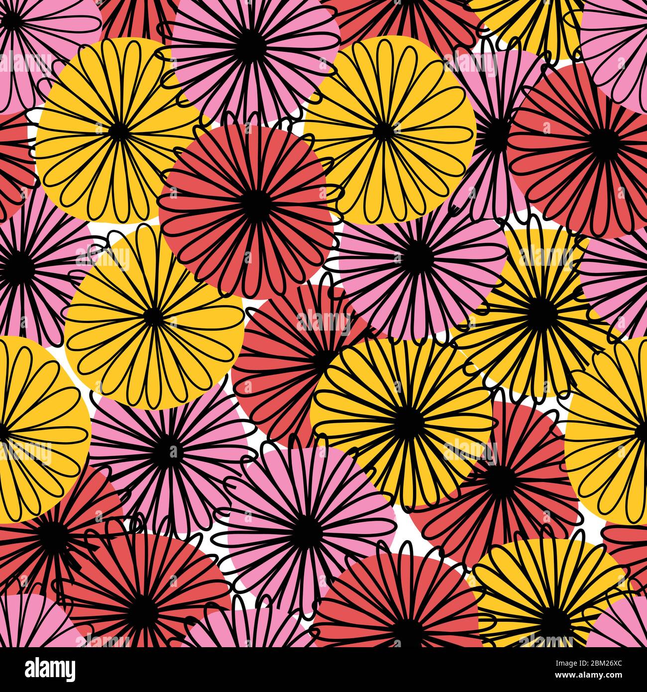 Repeating abstract flower vector pattern. Bold florals red yellow pink ...