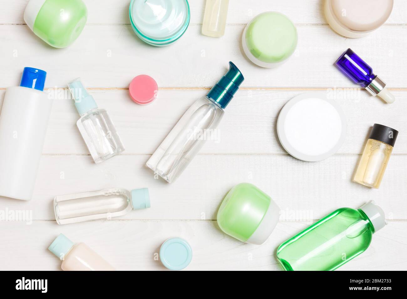 Group of plastic bodycare bottle Flat lay composition with cosmetic ...