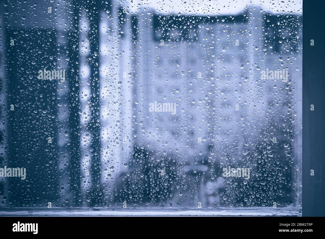 rainy droplets on a blue window glass transparent surface. drops on ...