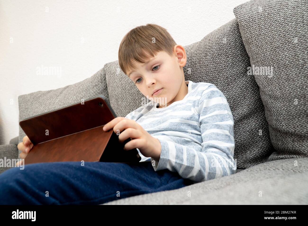 Distance learning online education. A schoolboy is studying using a ...