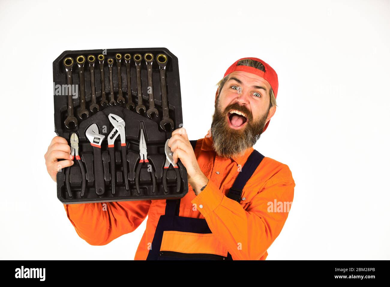 Worker repairer repairman handyman carrying toolbox. Really good tools ...