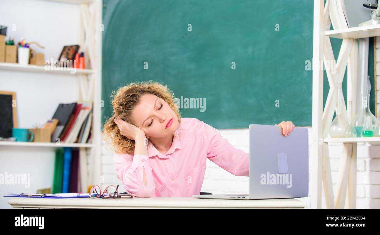 Exhausting lesson. Teacher exhausted after hard working day. School ...