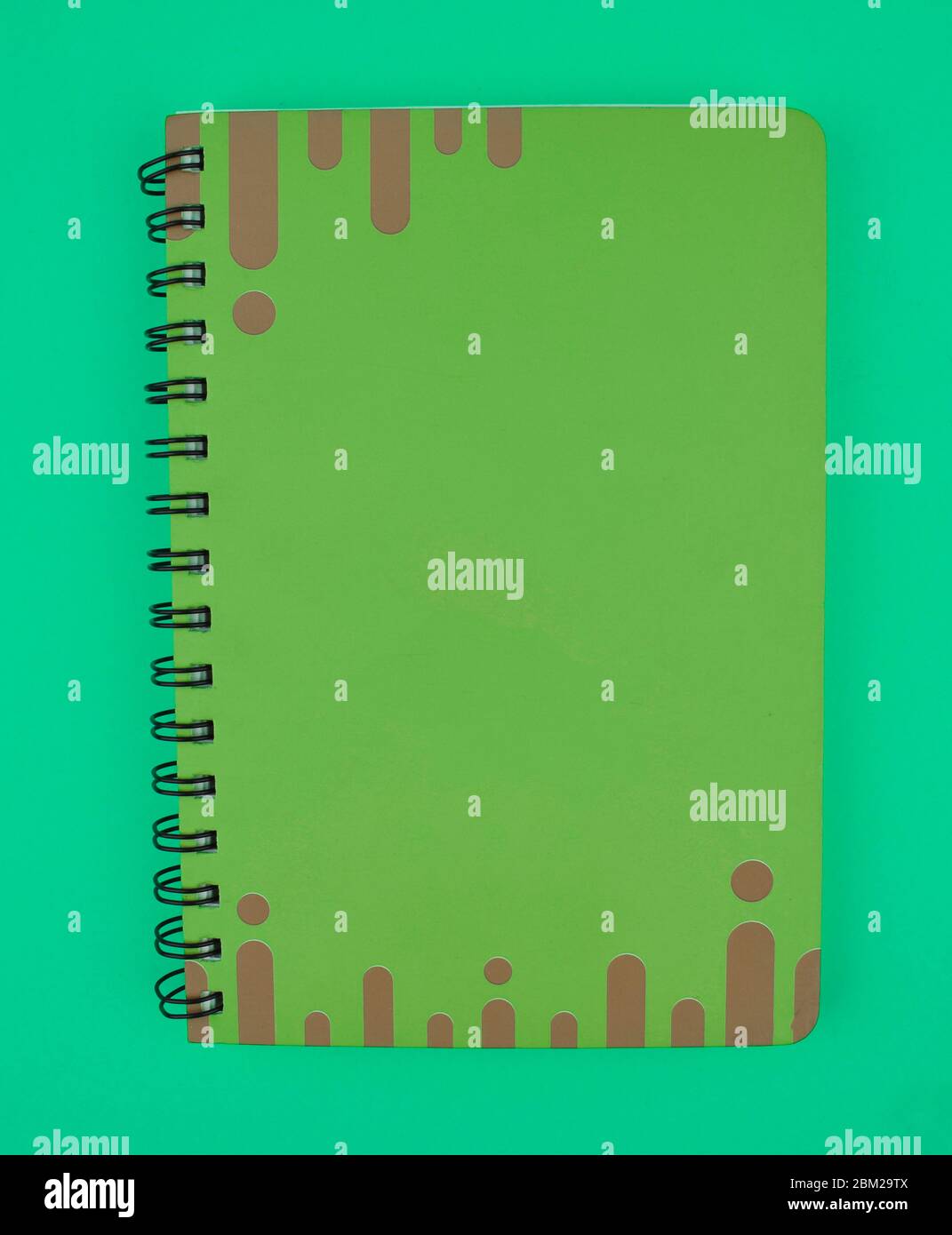 Green colored note paper diary placed on top of a light blue isolated ...